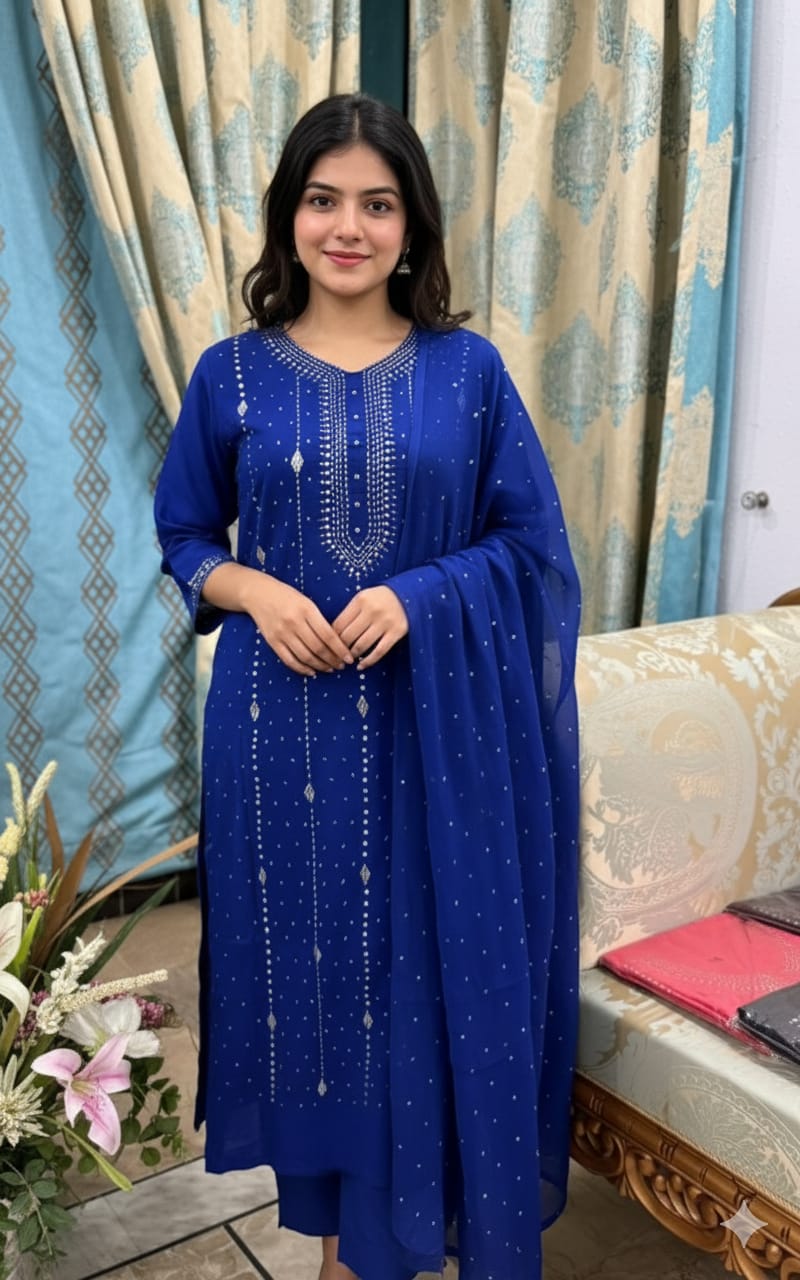 Mukesh Blue Lawn 3 Piece – Zouk-e-Libas